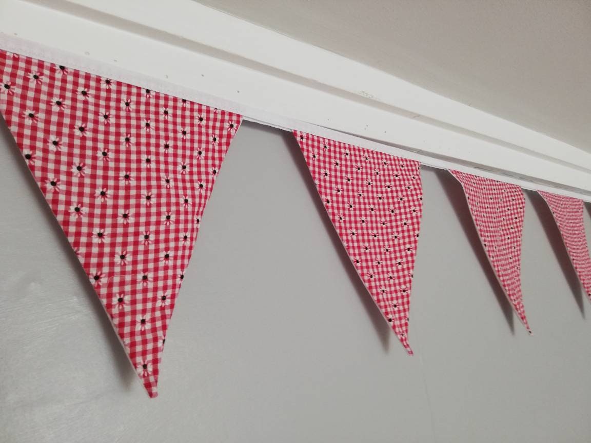 Red Gingham Fabric Bunting With Dainty Flower Detail - Etsy UK