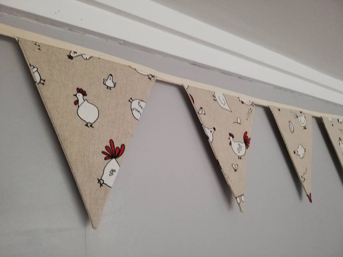 Chicken Fabric Bunting. Cartoon Style White Design on Natural | Etsy
