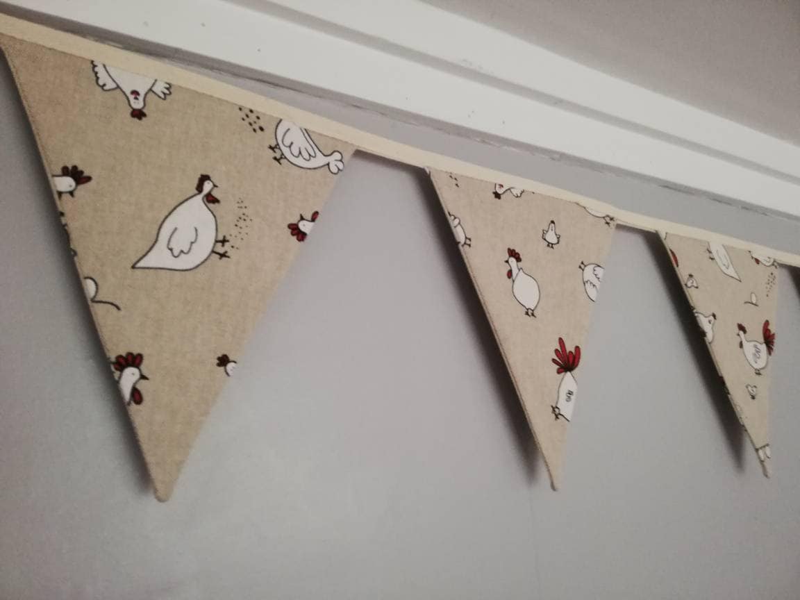 Chicken Fabric Bunting. Cartoon Style White Design on Natural | Etsy