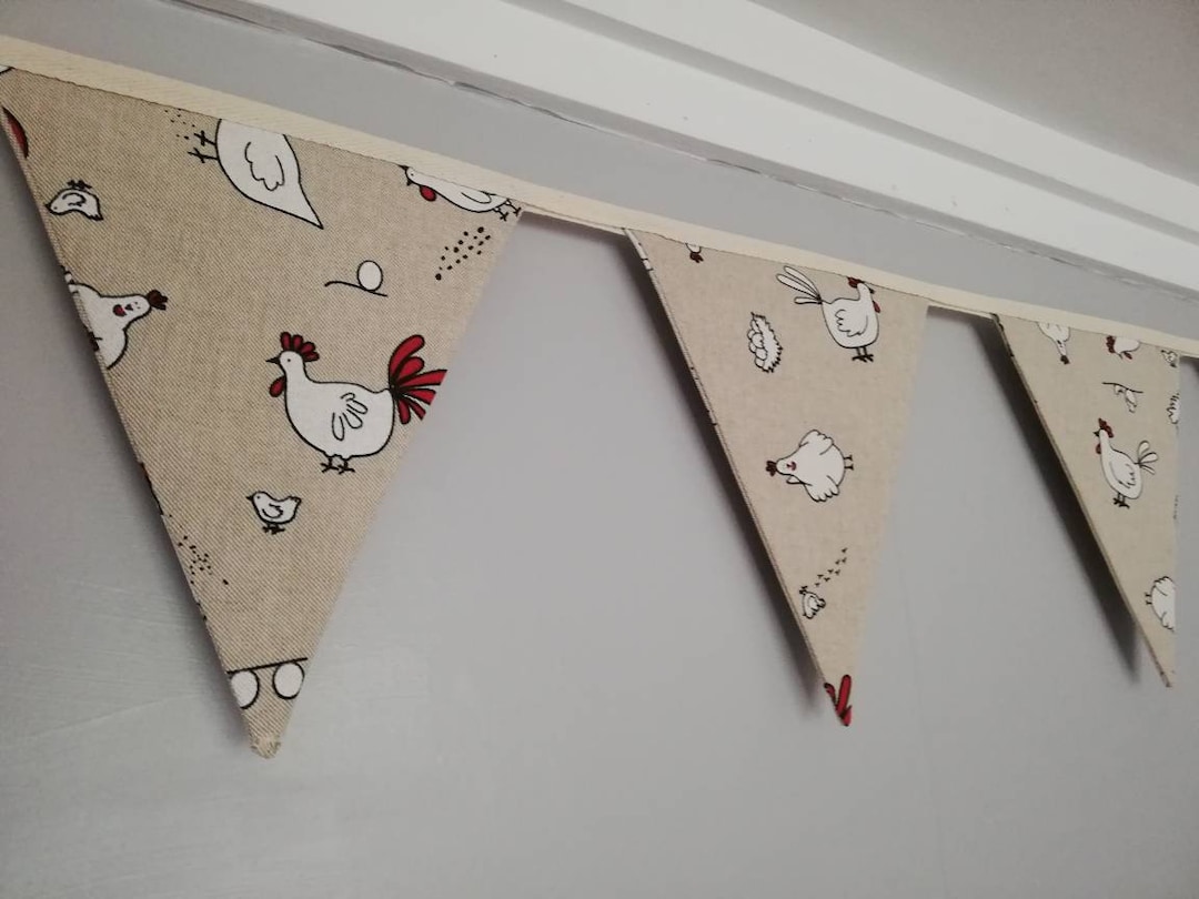Chicken Fabric Bunting. Cartoon Style White Design on Natural ...