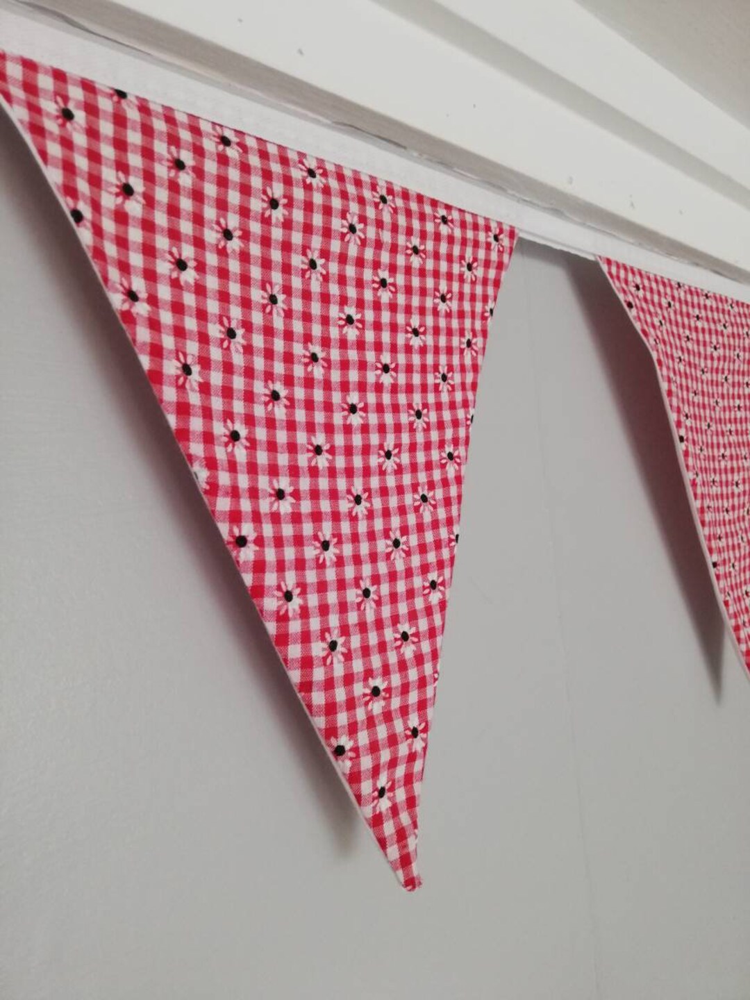 Red Gingham Fabric Bunting With Dainty Flower Detail - Etsy UK