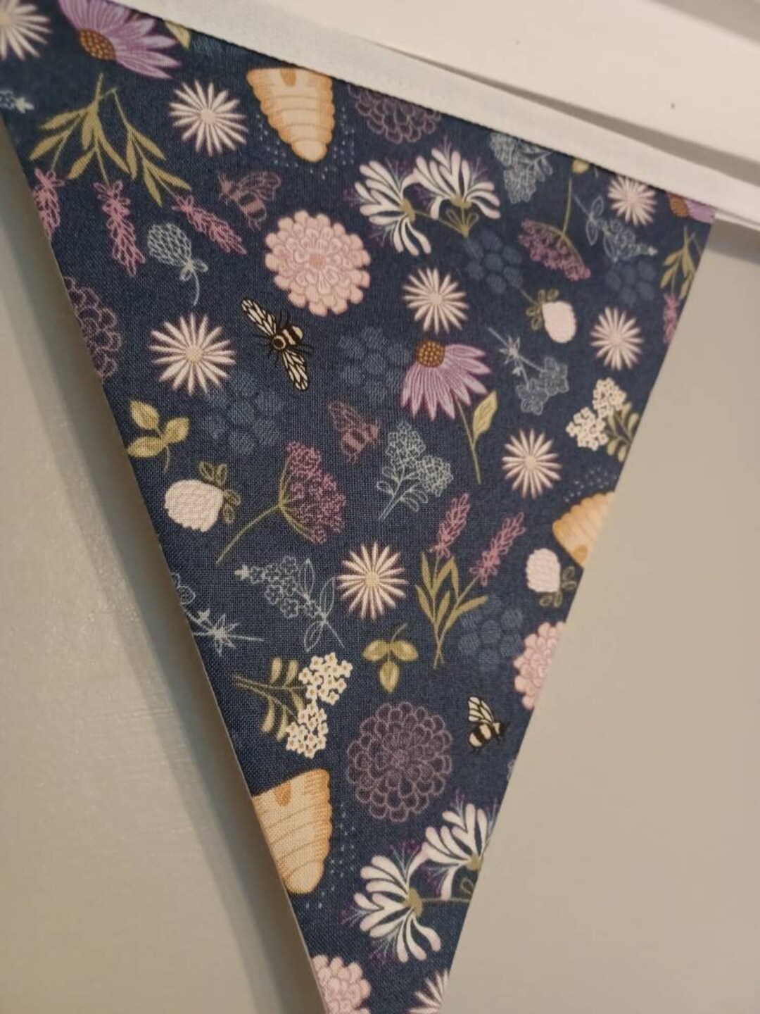 Blue Floral Fabric Bunting With Beehives and Bees, Pretty Purple and ...
