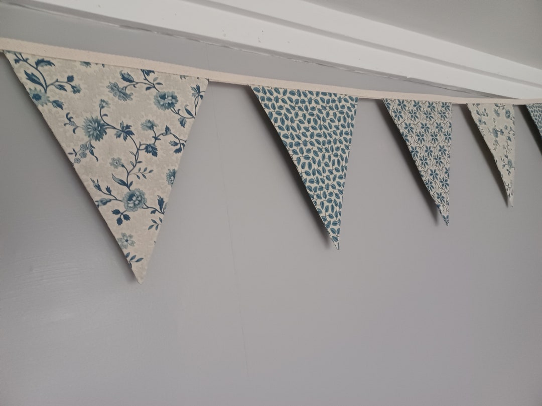 Blue and Cream Mix Fabric Bunting, Flowers and Leaves Designs - Etsy