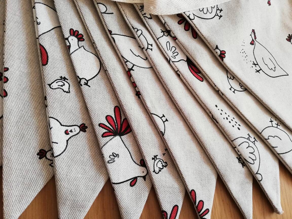 Chicken Fabric Bunting. Cartoon Style White Design on Natural | Etsy