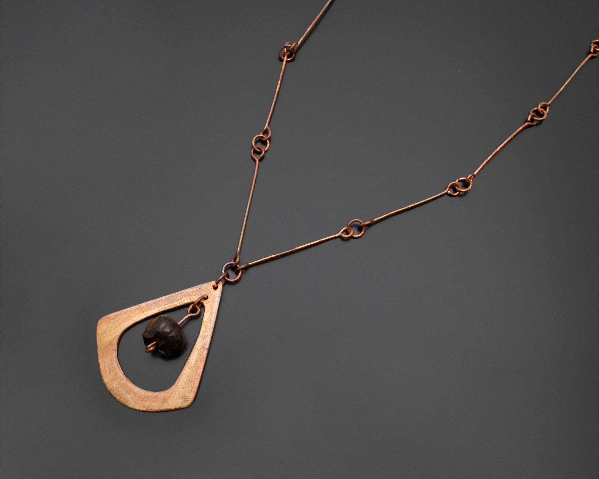 Bell Shape Vintage 1970s Necklace Copper Bar Link Chain With Bell Shape Vintage 1970s Necklace Copper Bar Link Chain With