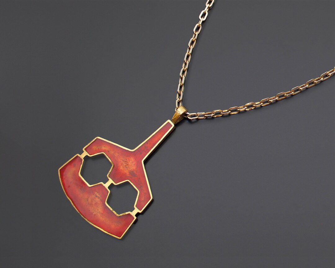 Bernard Chaudron Vintage Necklace Geometric Pendant Brass Metal Red ...