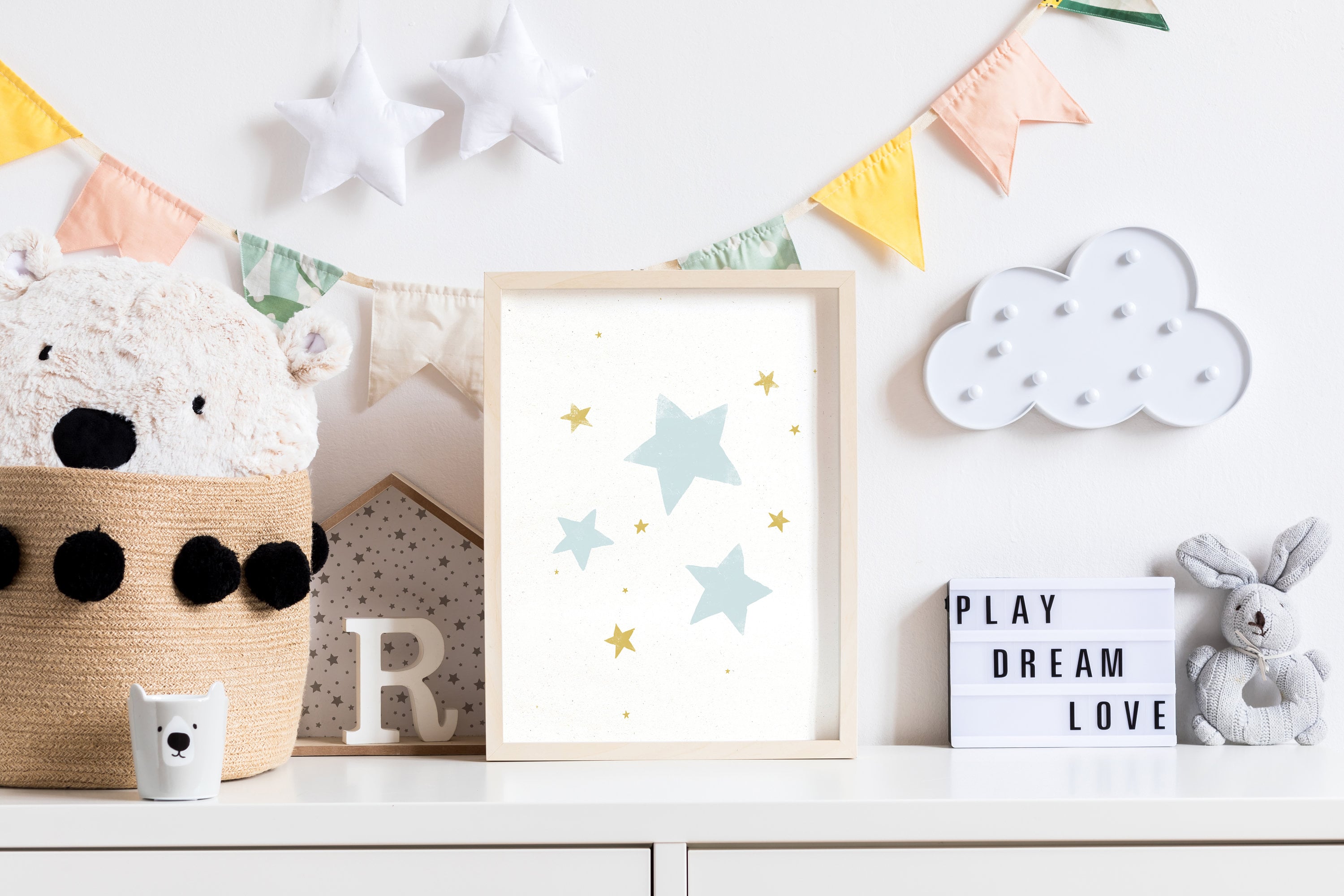 Star Theme Nursery Print, White and Light Blue, Digital Download, Kid's ...