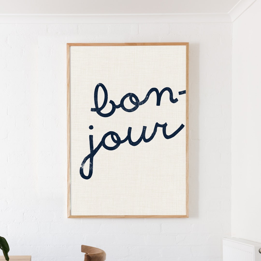 Bonjour Print, Digital Download, French Print, Navy Blue, Contemporary ...