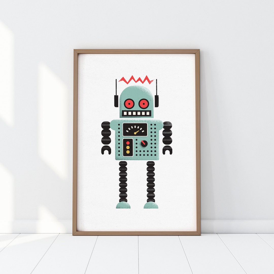 Blue Robot Print, Retro Poster, Nursery Print, Kid's Room Decor ...