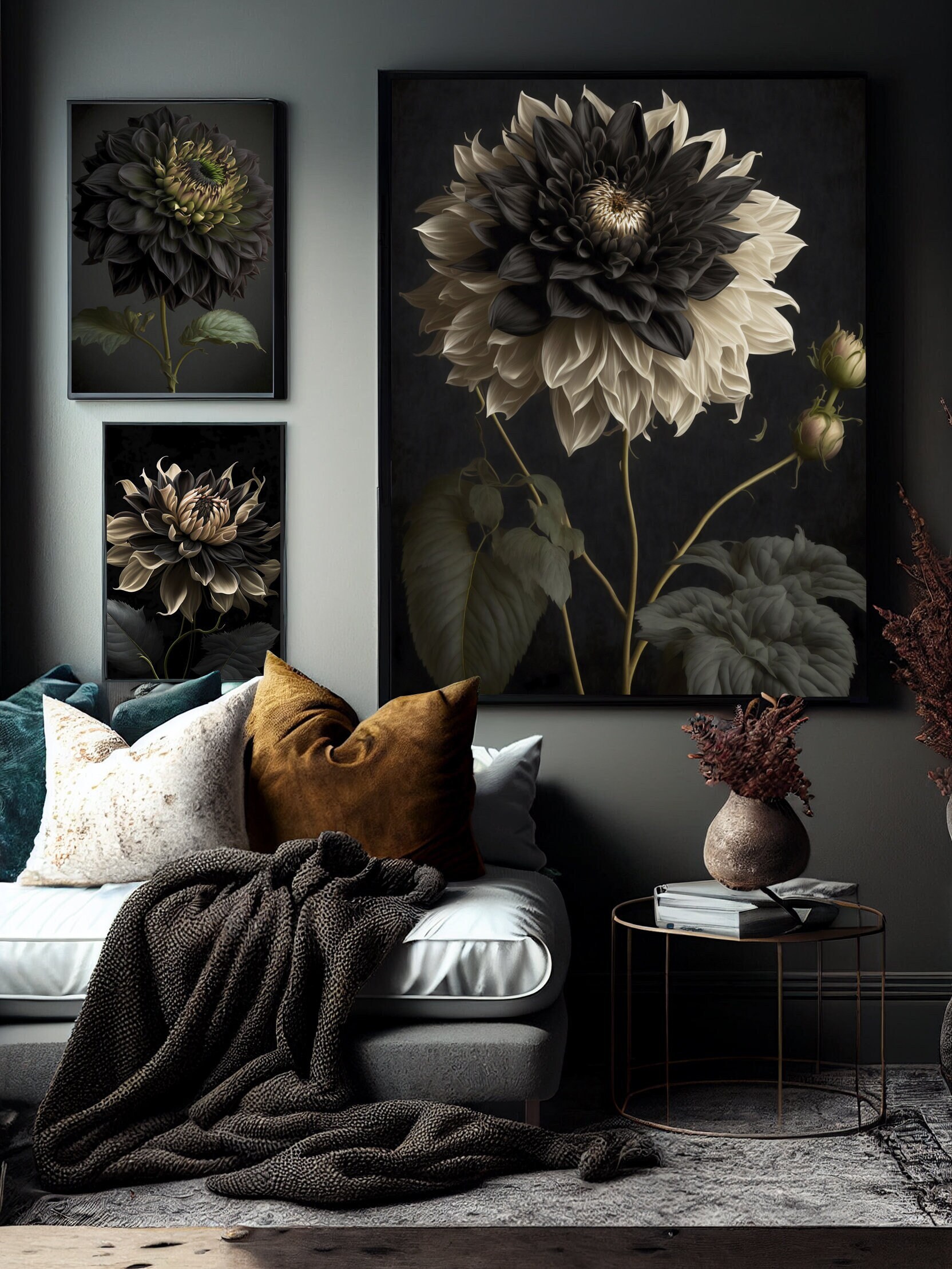 Whimsigoth Flower Decor | PRINTABLE 3 Piece Wall Art | Black Dahlia ...