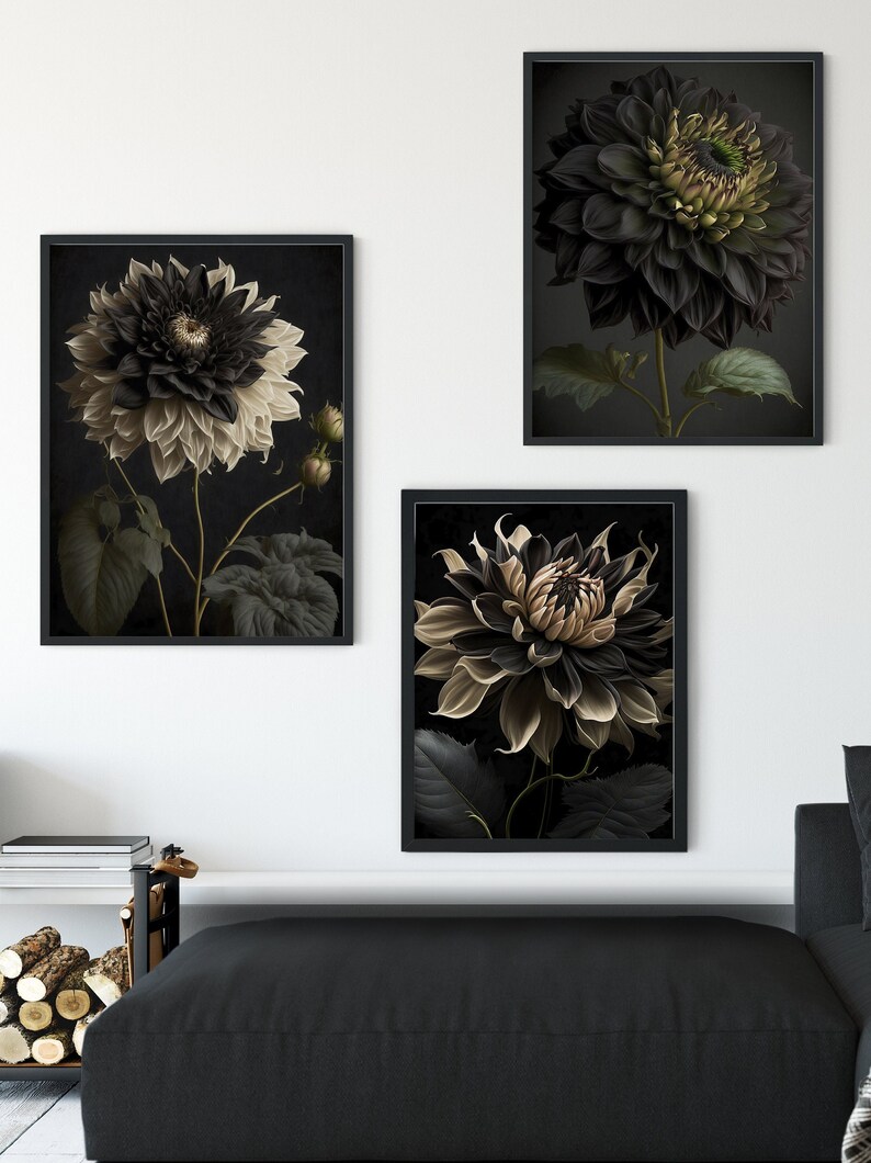 Whimsigoth Flower Decor PRINTABLE 3 Piece Wall Art Black - Etsy