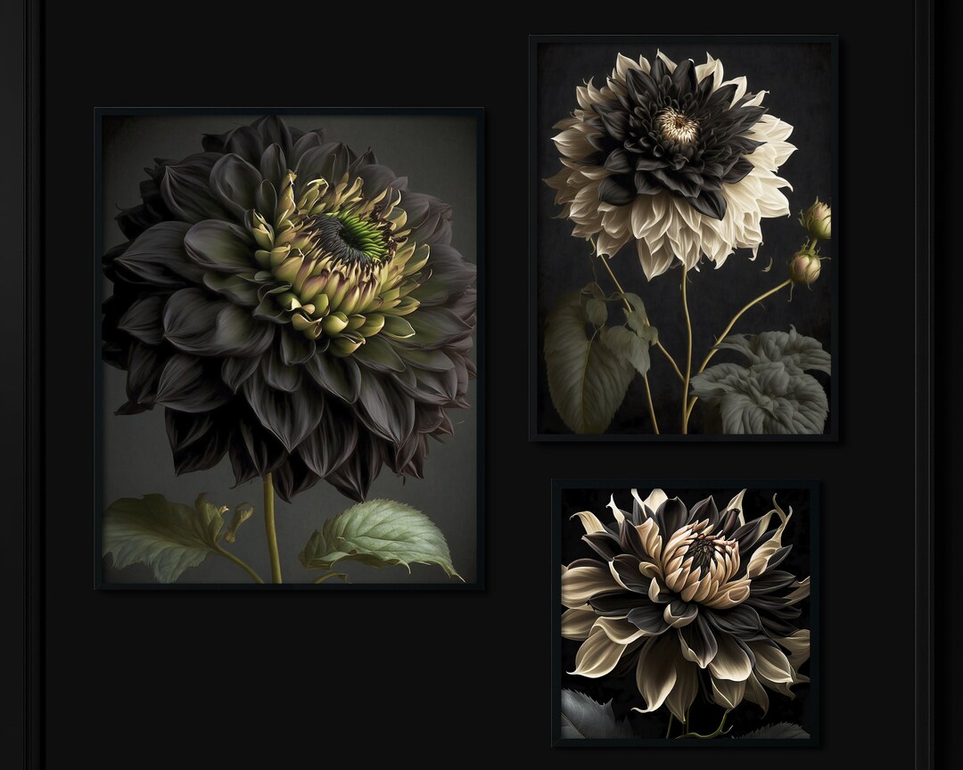 Whimsigoth Flower Decor PRINTABLE 3 Piece Wall Art Black Dahlia Dark ...