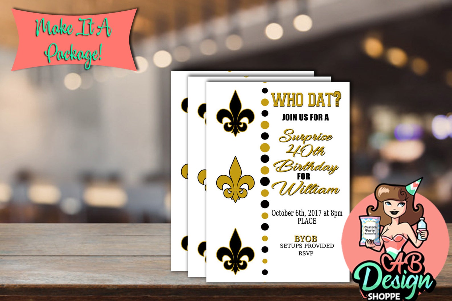 Digital Black and Gold Fleur De Lis Saints Custom Birthday Invitation ...
