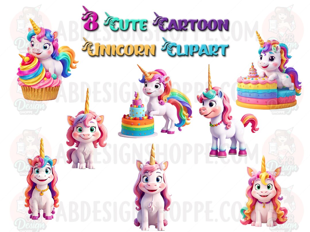 Whimsical Cartoon Unicorn Clipart Set - Rainbow Colors Delight - Etsy