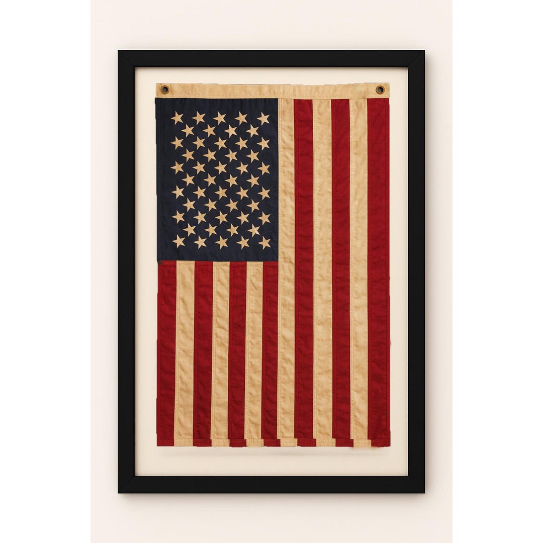 Large Vertical Framed Vintage American Flag Real Cotton Embroidered ...