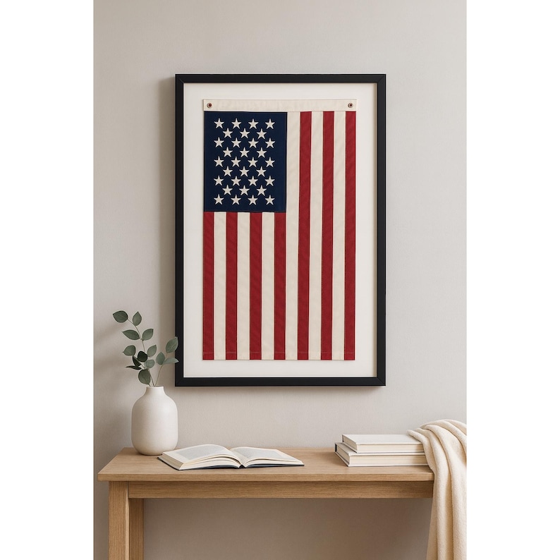 Large Vertical Framed Vintage American Flag Real Cotton Embroidered ...