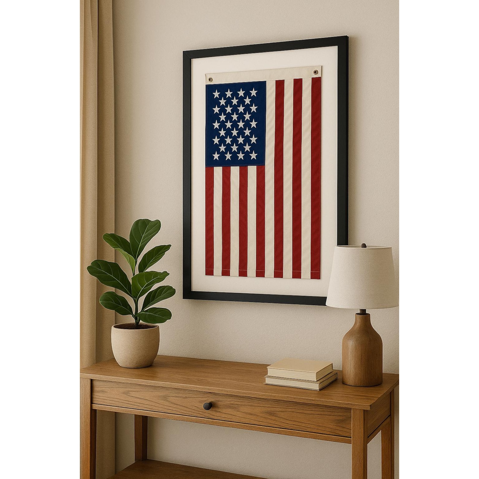 Large Vertical Framed Vintage American Flag Real Cotton Embroidered ...