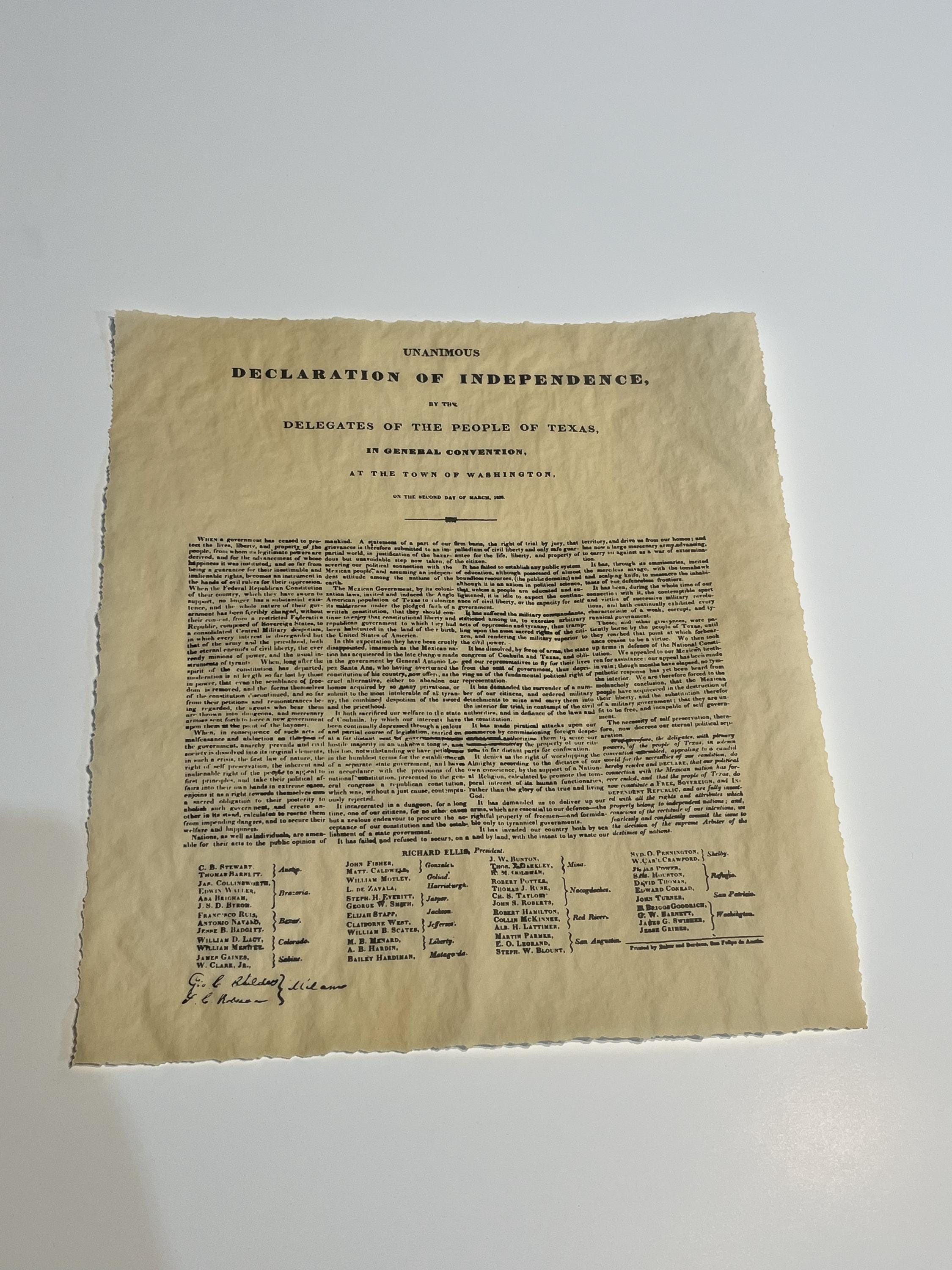 Texas Declaration of Independence With Vintage Edges – 1836 Republic of ...