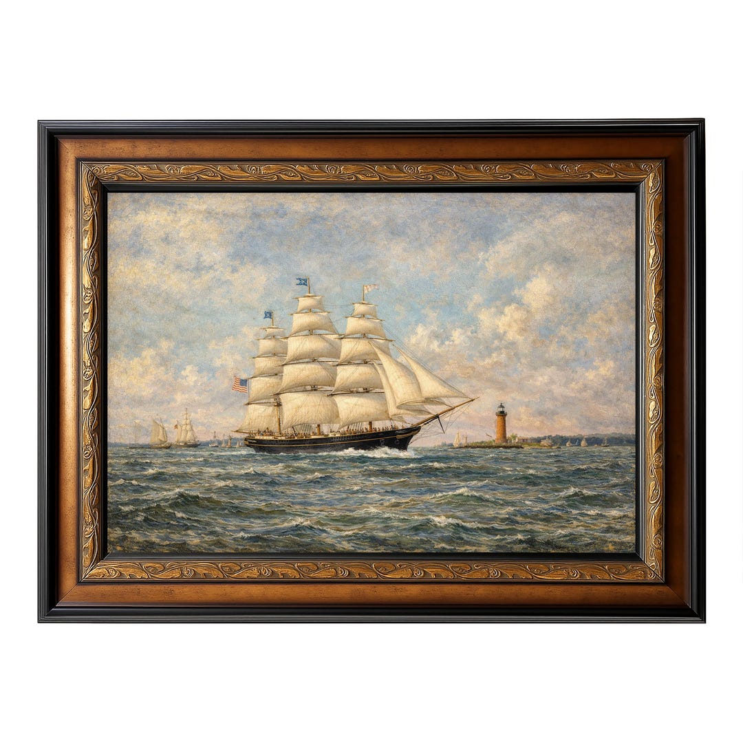 Clipper Ship Sailing Into Harbor Framed 42x30 Nautical American Sailing ...