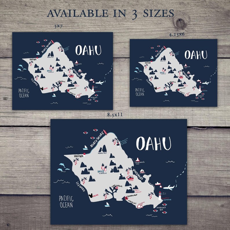 Oahu Hawaii Map Illustrated Map Note Card, Postcard, Poster Printable ...