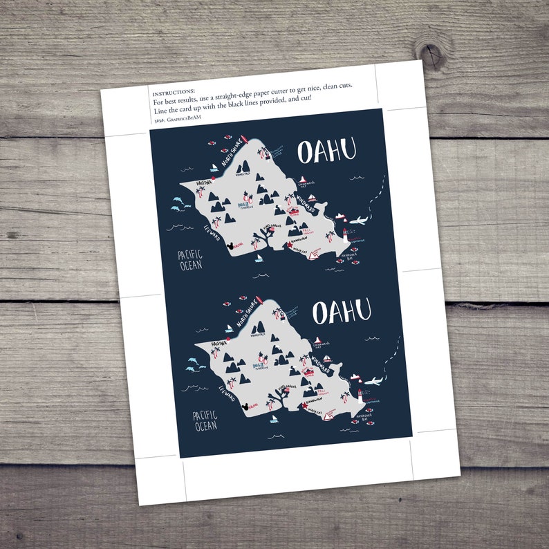 Oahu Hawaii Map Illustrated Map Note Card, Postcard, Poster Printable ...