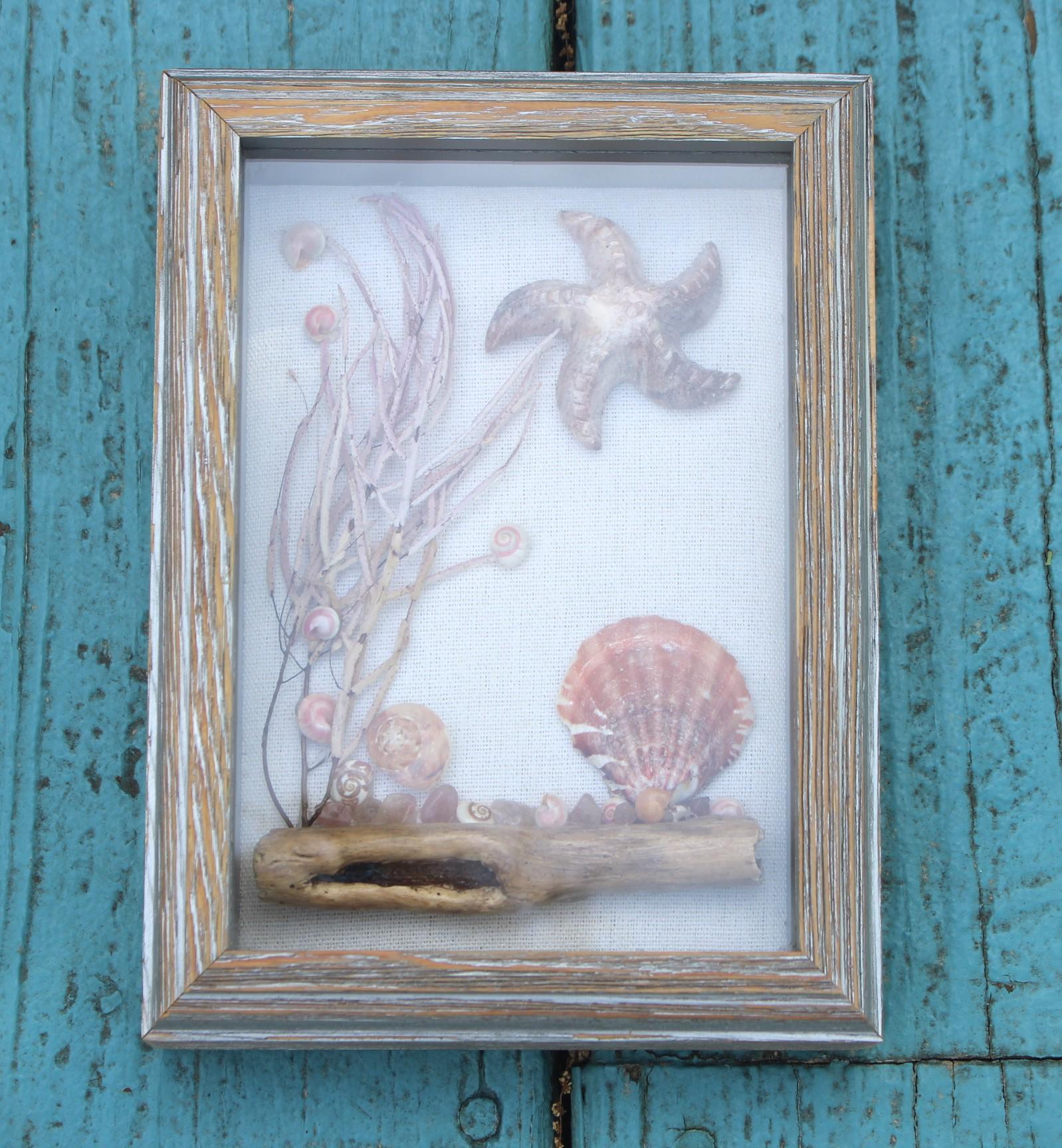 Handmade Sea Life Shadow Box: Agate Starfish, Sea Fan, Driftwood, Tiny ...