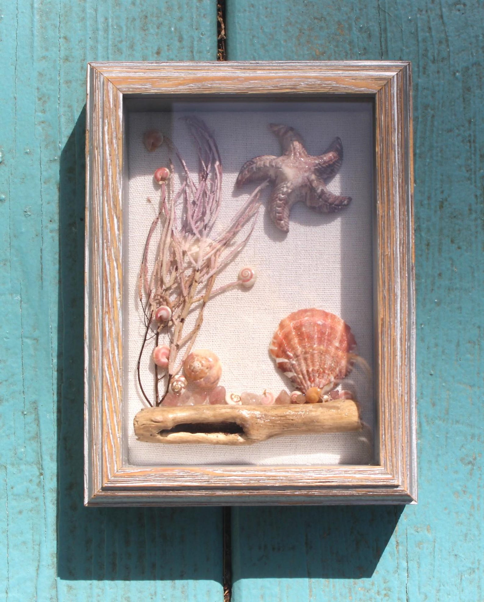 Handmade Sea Life Shadow Box: Agate Starfish, Sea Fan, Driftwood, Tiny ...