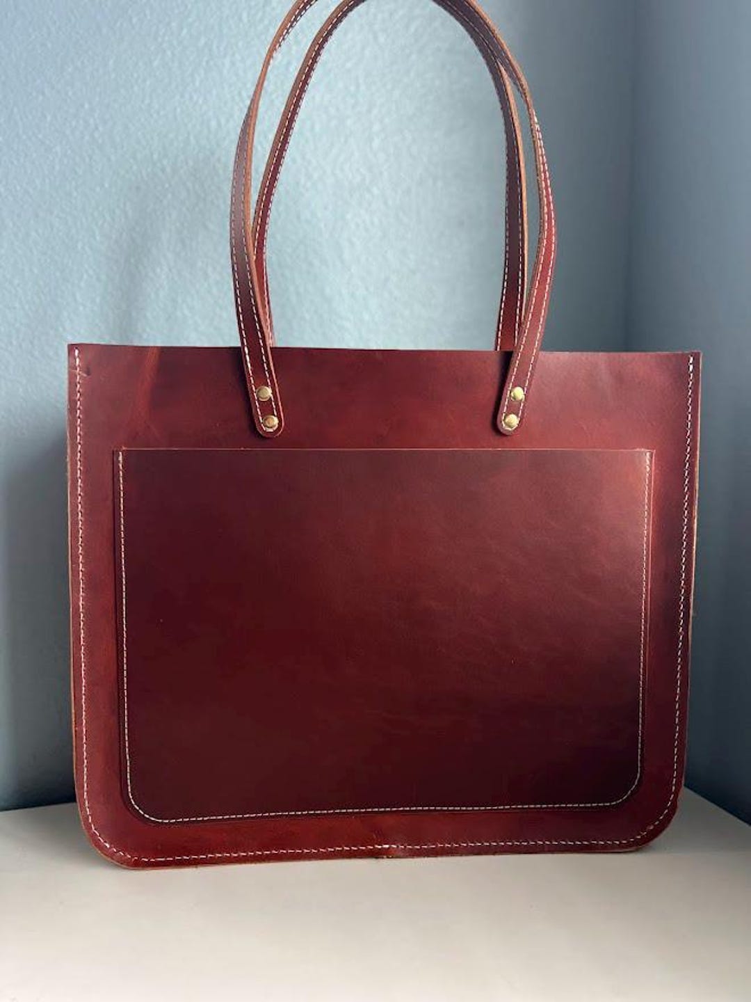 Large Oiled Leather Tote Bag | Structured Work & Travel Bag - Etsy