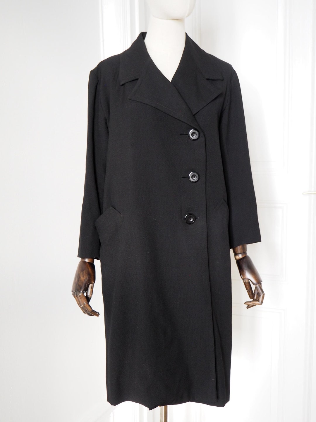 Art Deco Black Wool 1920s to 1930s Coat exquisite Seams silky Pink ...