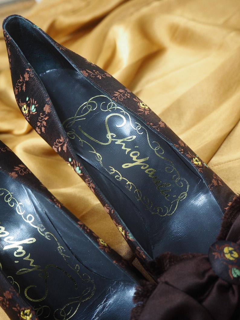 Schiaparelli 1950s Stiletto Heels | floral Bronze Silk Brocade ...