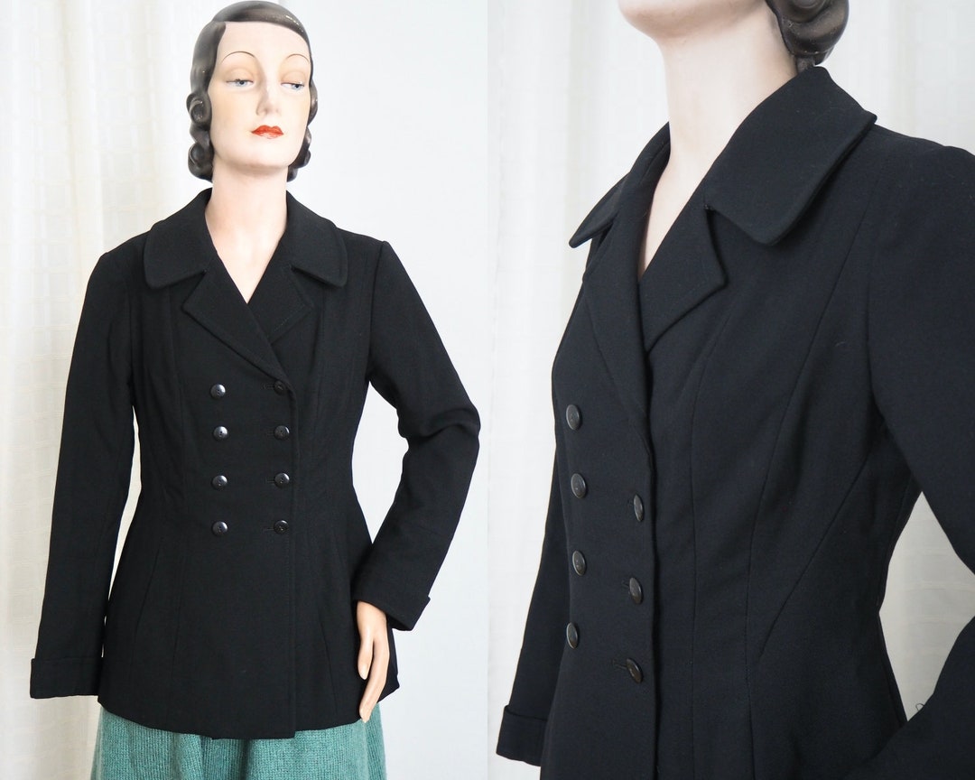 Double Breasted 1940s Jacket Fine Black Wool Princess Seams edwardian ...
