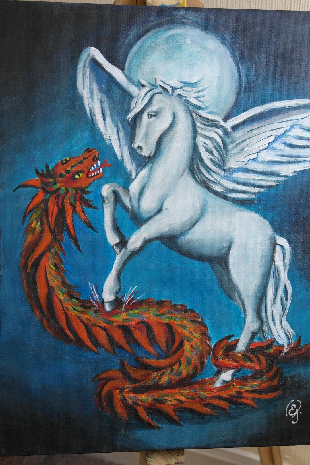 Acrylic on Canvas Painting/fighting Evil/original Wall Art/pegasus Art ...
