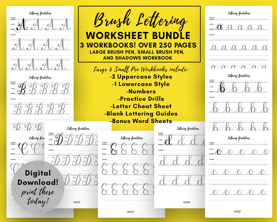 Brush Lettering Worksheets Bundle for Small and Large Brush Pens ...
