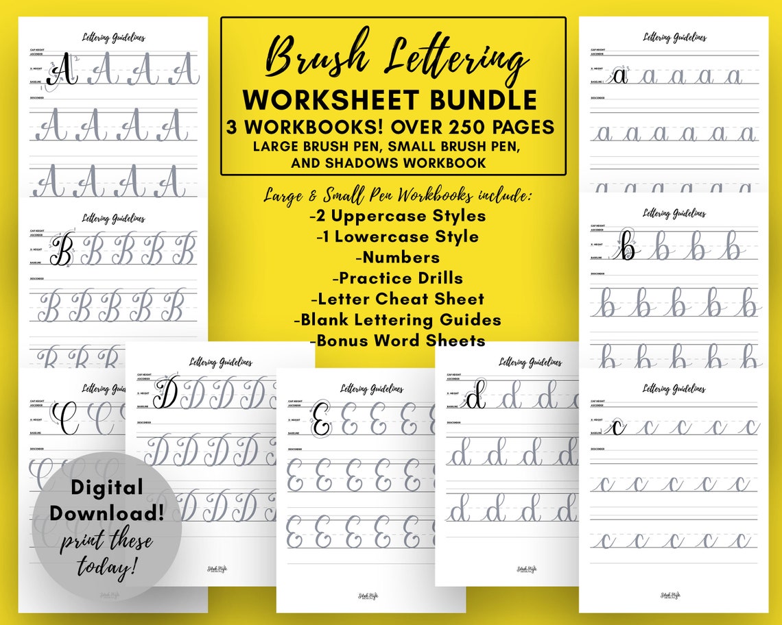 Brush Lettering Worksheets Bundle for Small and Large Brush - Etsy
