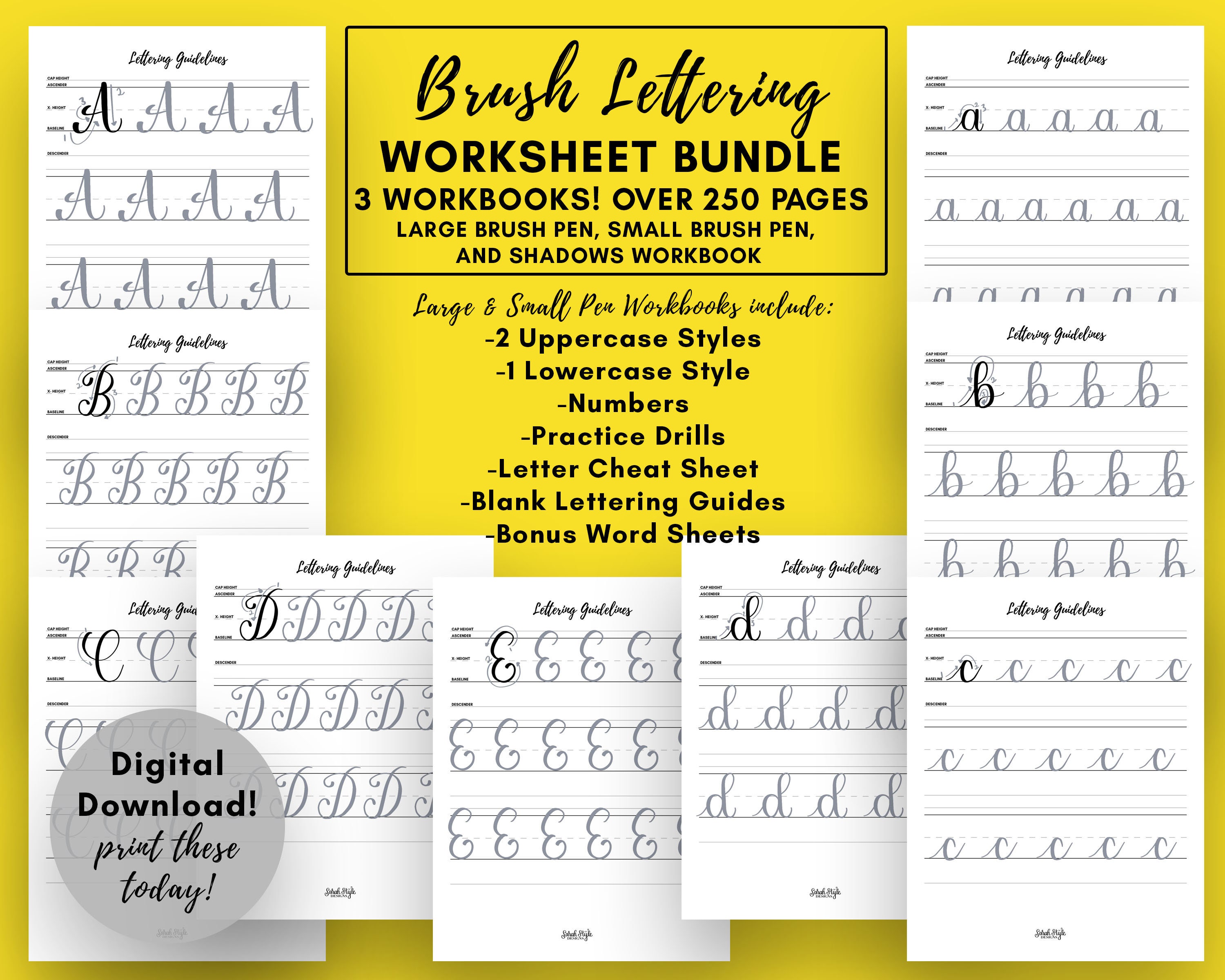 Brush Lettering Worksheets Bundle for Small and Large Brush | Etsy