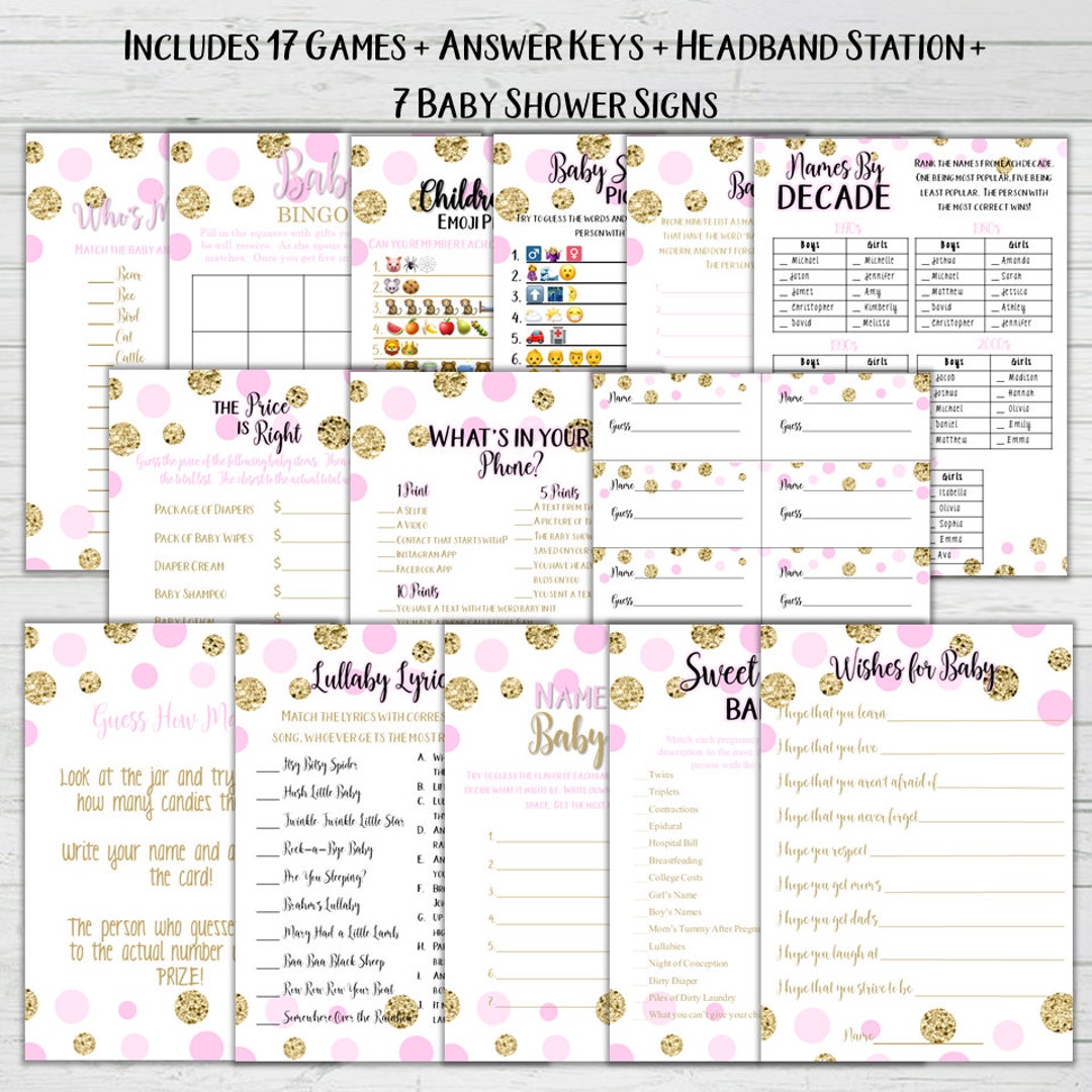 Baby Shower 17 Game Bundle + Answer Keys - 7 Baby Shower Signs - Pink ...