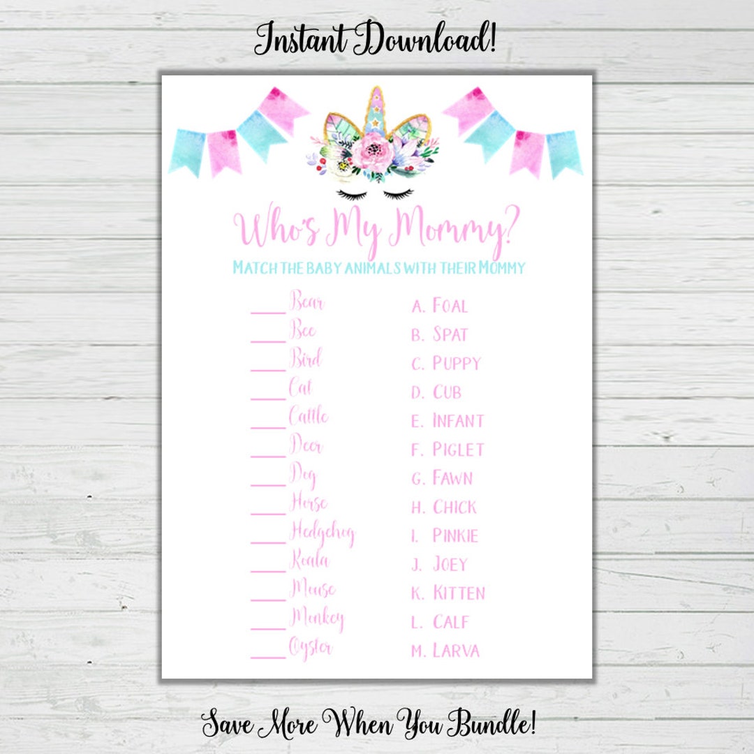 Unicorn Baby Shower Games - Baby Animals Matching Game - Turquoise Pink ...