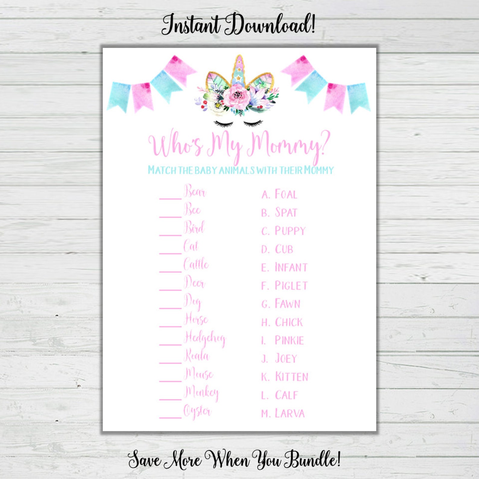 Unicorn Baby Shower Games Baby Animals Matching Game Turquoise Pink ...