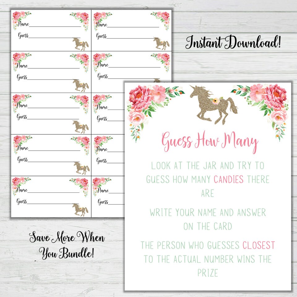 Unicorn Baby Shower Games Baby Shower Candy Guessing Game Mint Pink ...