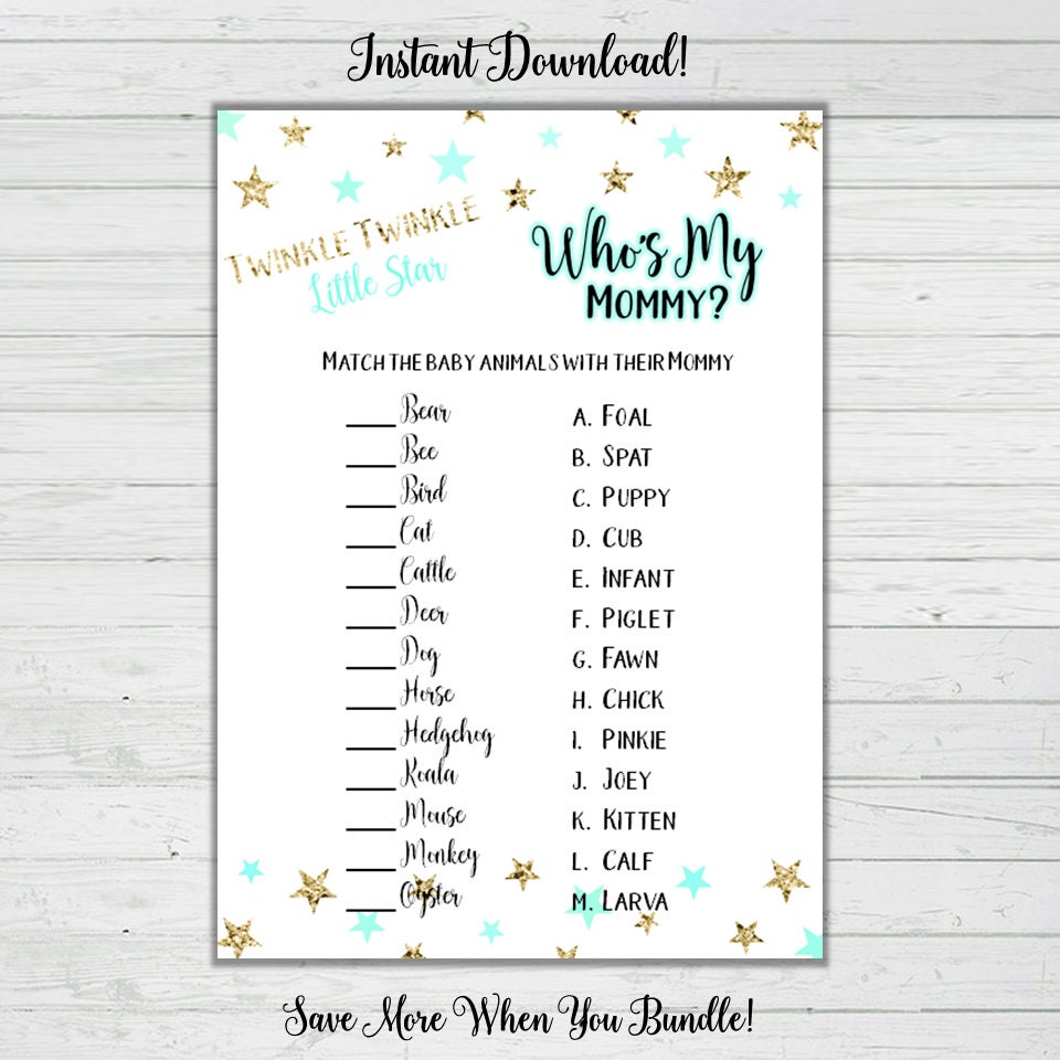 Baby Animals Matching Baby Shower Game - Mint and Gold Stars - Baby ...