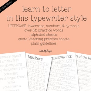 Typewriter Style Hand Lettering Worksheets | Digital Printable | 30 ...