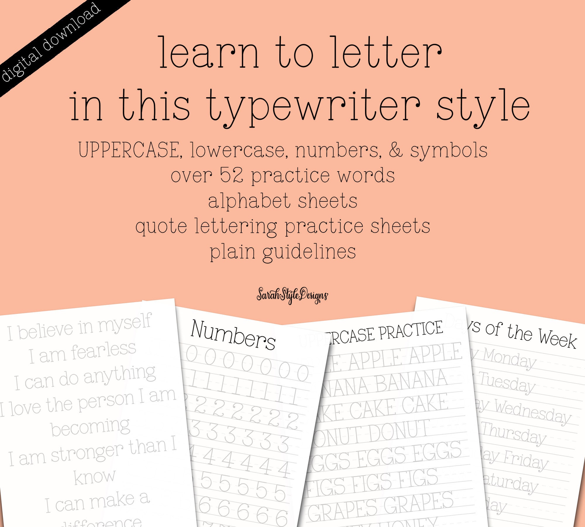 Typewriter Style Hand Lettering Worksheets | Digital Printable | 30 ...