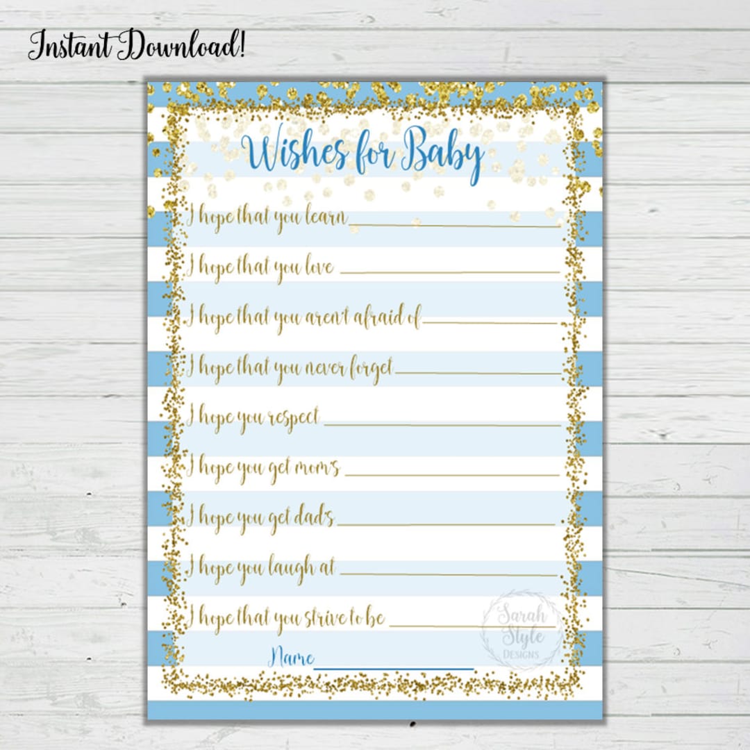 Wishes for Baby Printable Blue and Gold Baby Shower Notes Games ...