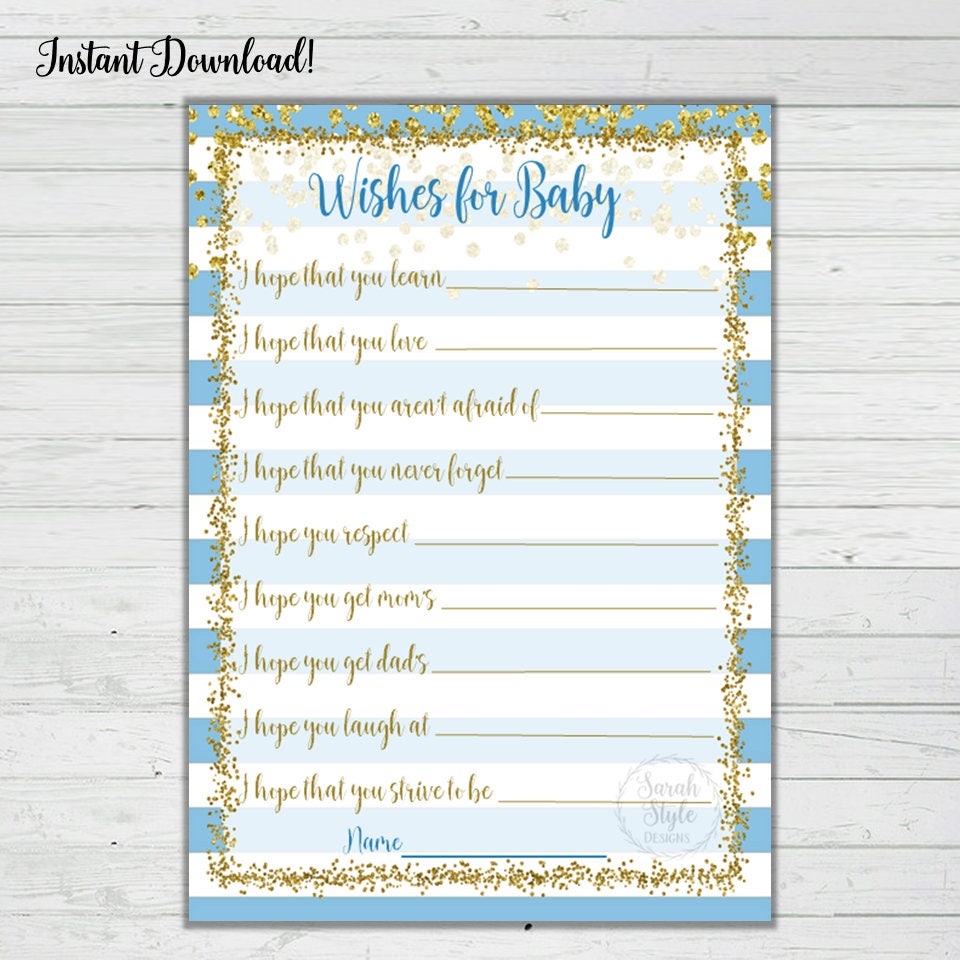 Wishes for Baby Printable Blue and Gold Baby Shower Notes Games ...