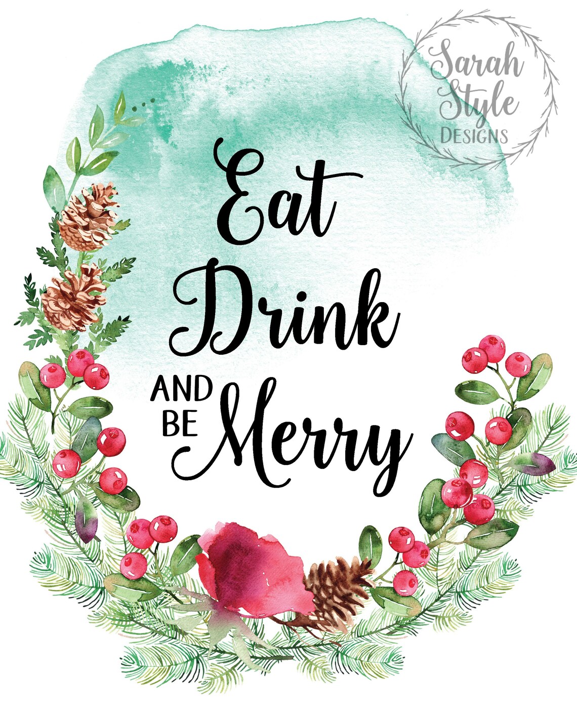 Christmas Printable Wall Art - Christmas Sign Christmas Floral Wreath ...