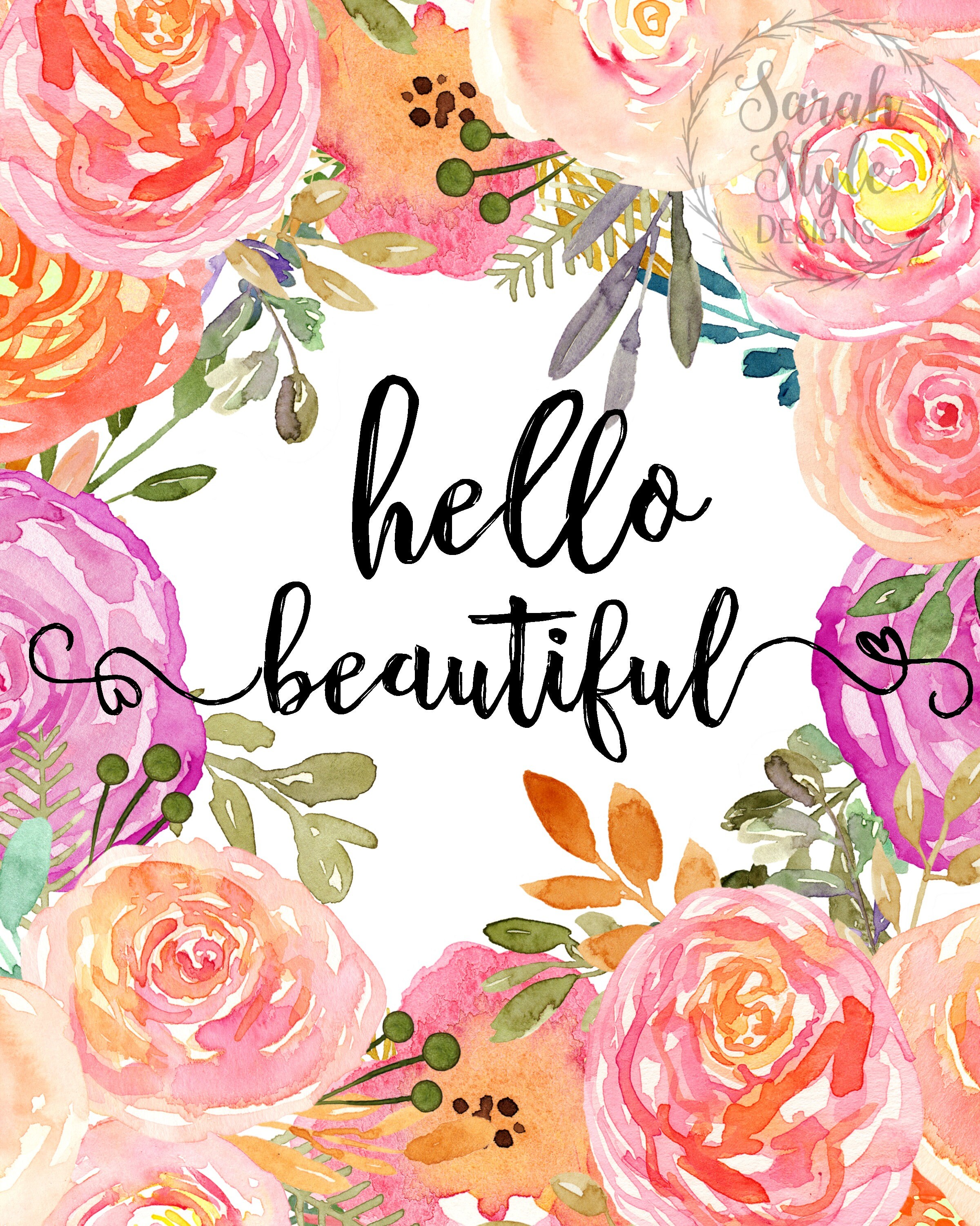 Printables Deocr Hello Beautiful Printable Artwork Watercolor Floral ...