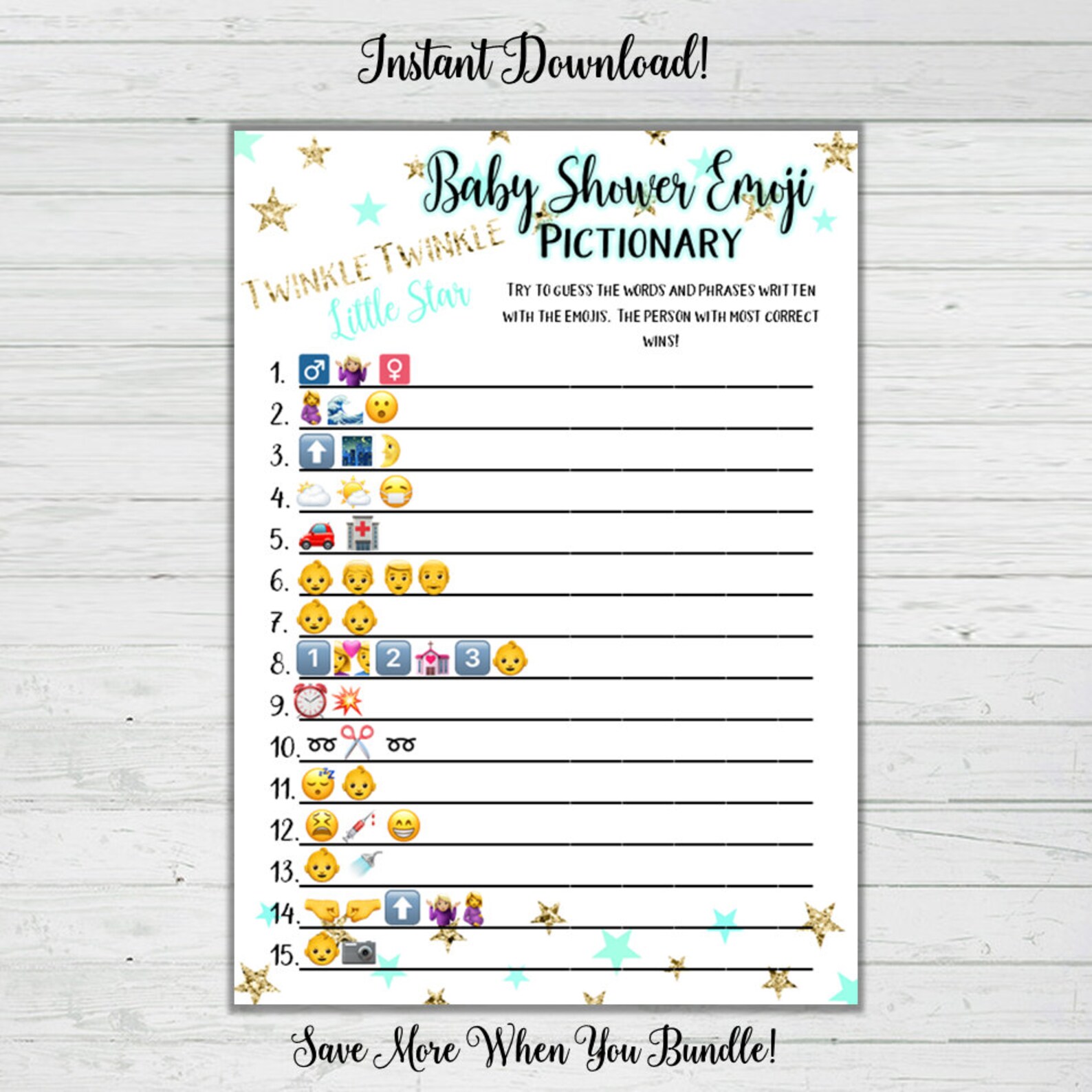 Emoji Pictionary Baby Shower Game Mint and Gold Stars Baby - Etsy