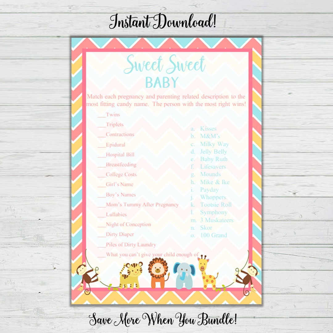 Candy Matching Baby Shower Game - Chevron Baby Animals Baby Shower ...