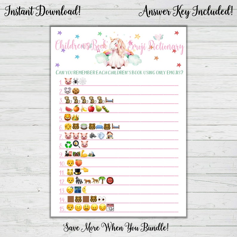 Children's Book Emoji Pictionary Game Unicorn Rainbow Baby Shower Games ...