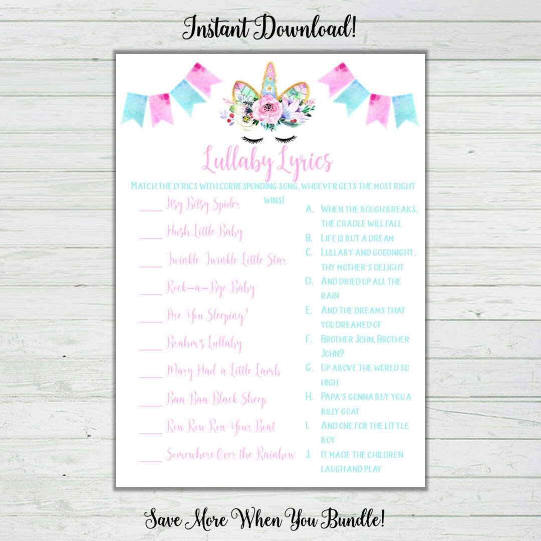 Unicorn Baby Shower Games - Lullaby Song Matching Game - Turquoise Pink ...